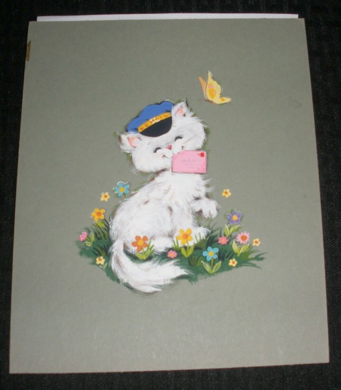 BIRTHDAY Painted White Kitten Cat Postman w/ Letter 7x9" Greeting Card ...