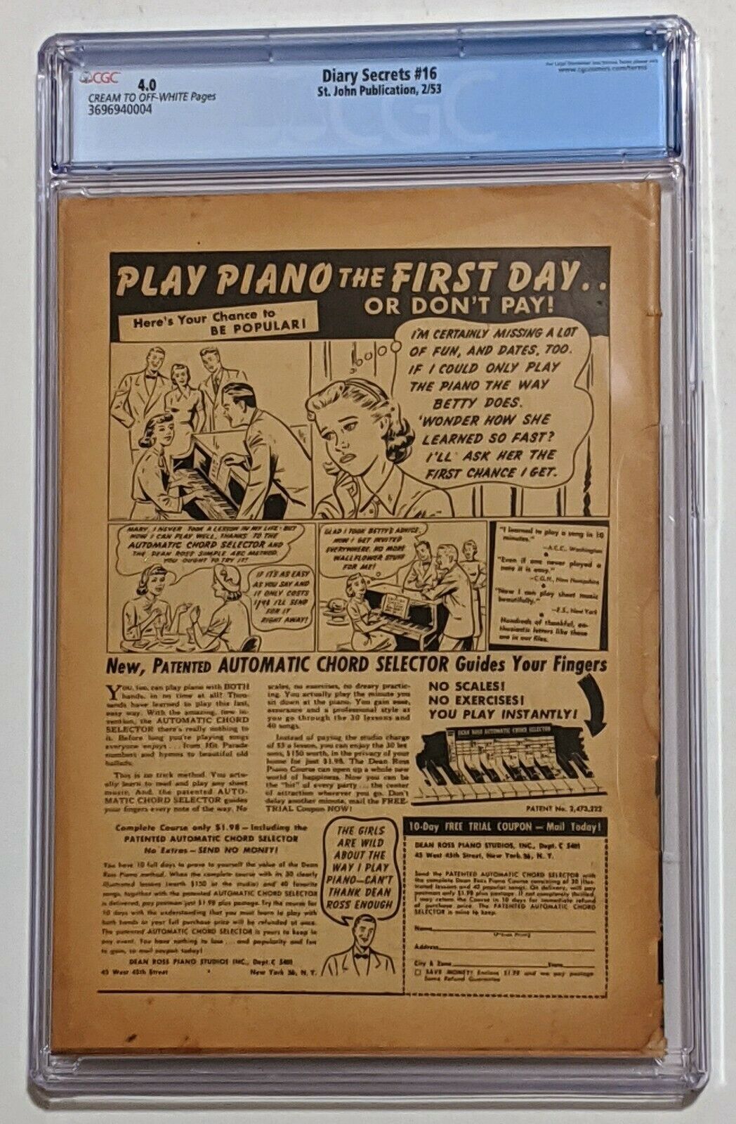 Diary Secrets 16 Feb 1953 St. John CGC 4.0 Matt Baker cover | Comic ...