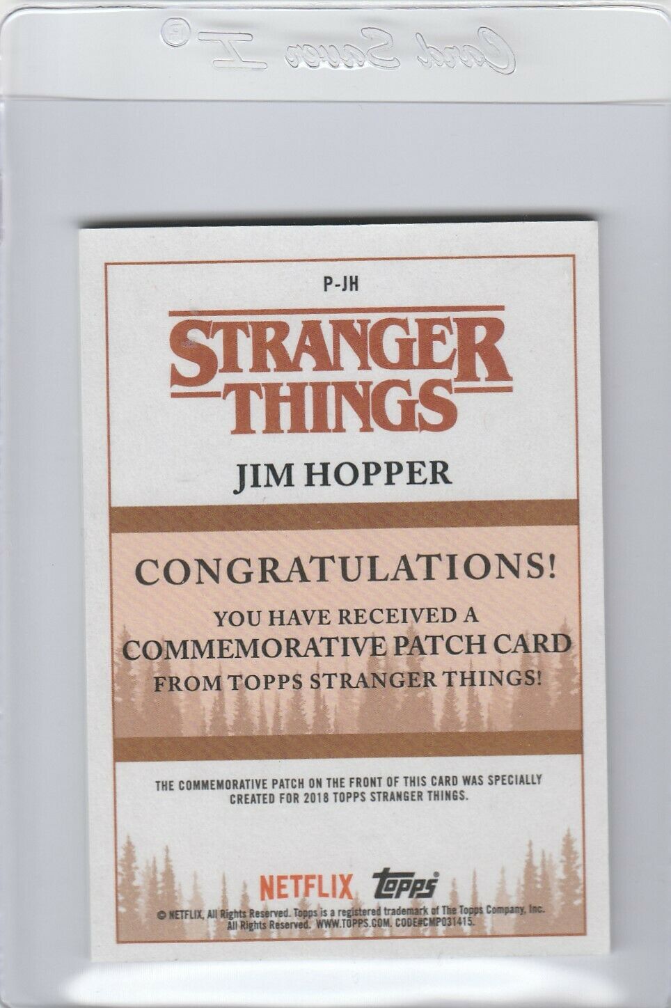 Stranger Things Jim Hopper commemorative patch card Topps Netflix 2018 ...