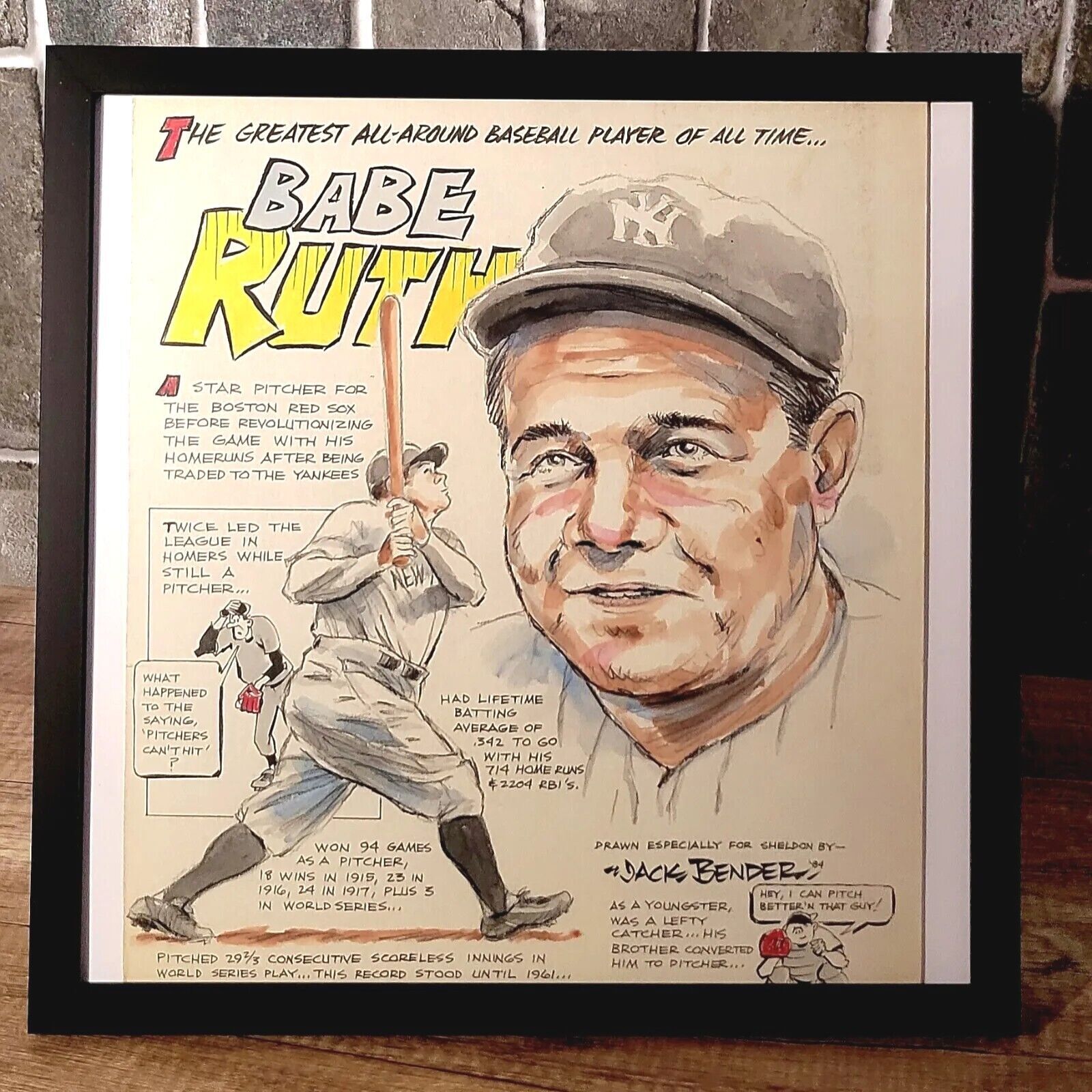 Original BABE RUTH Jack Bender Color Art Rare 1 of 1 NEW YORK YANKEES ...