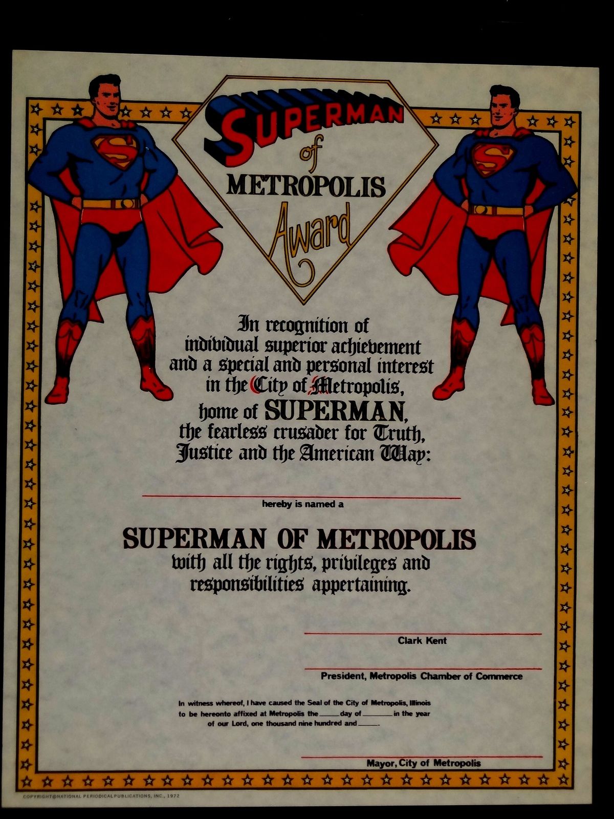 Superman of Metropolis Award Certificate-1982-11X14 Certificate-Unused ...