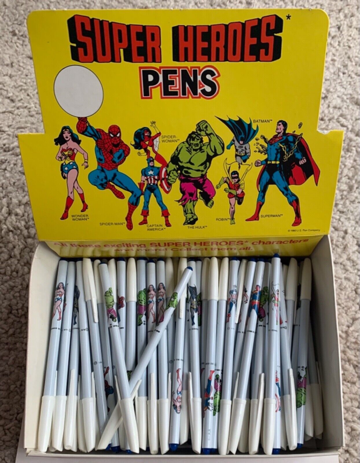Vintage 1980 DISPLAY BOX SUPER HERO PENS! DC & Marvel! Spider-Man ...