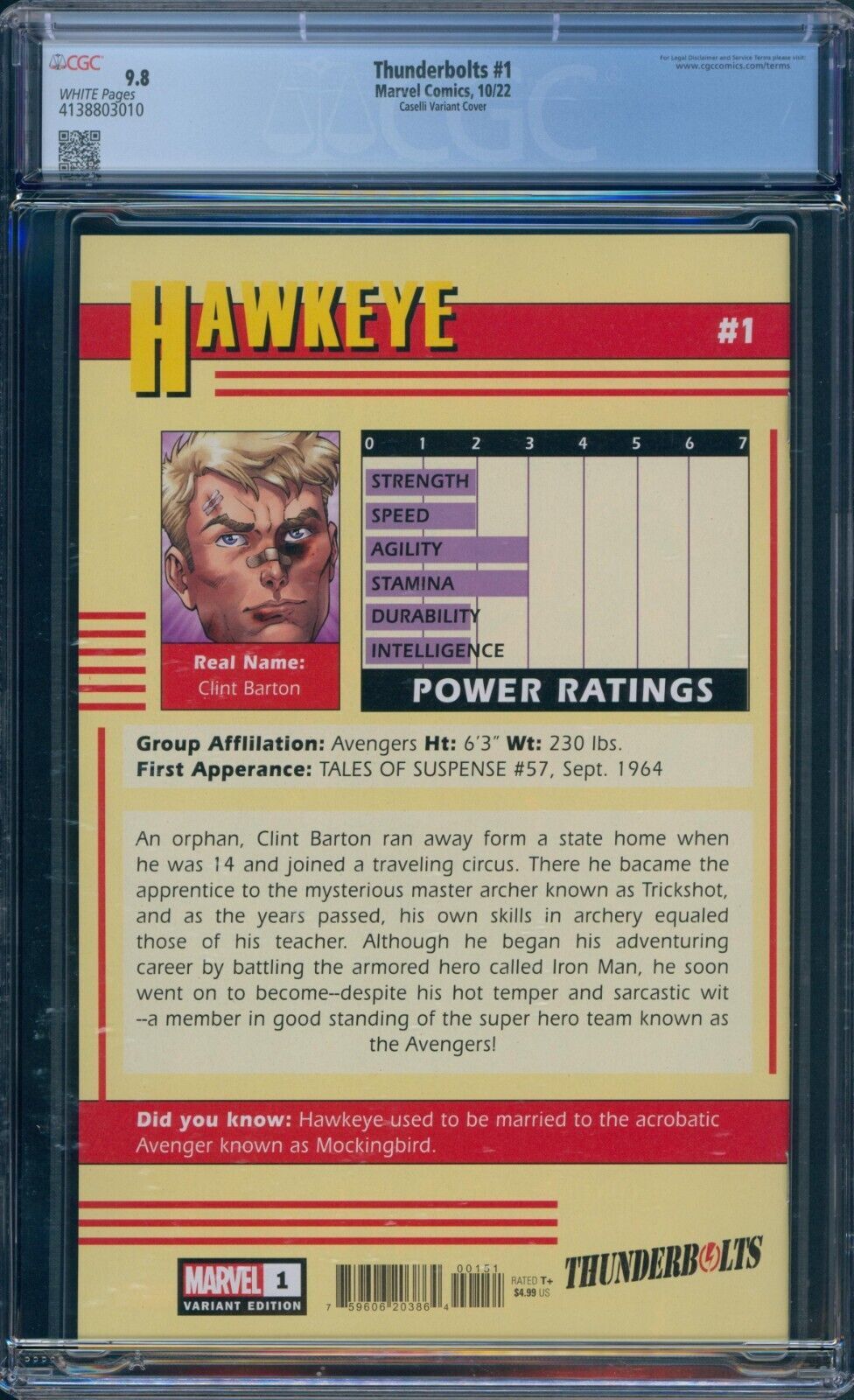 Thunderbolts 1 CGC 9.8 Hawkeye Trading Card Variant Marvel 2022 New ...