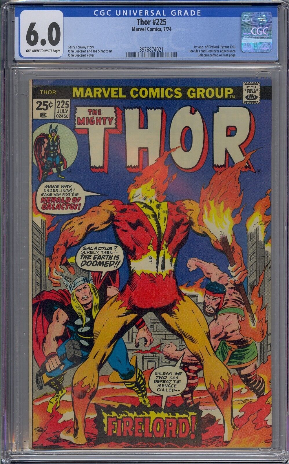 Thor #225 CGC 6.0 1st Firelord Hercules Destroyer Galactus John Buscemi ...