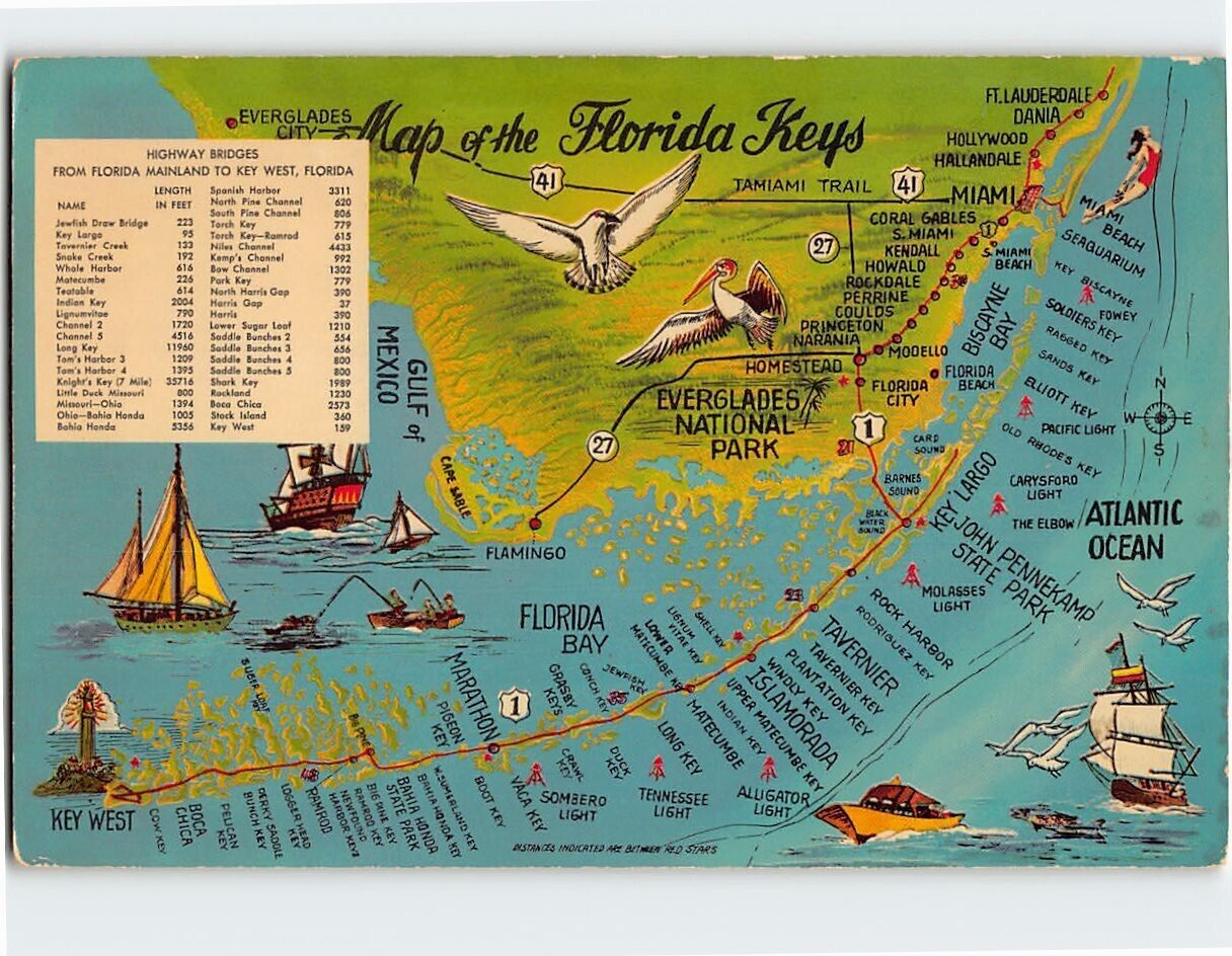 Postcard Map of the Florida Keys, Florida | United States - Florida ...