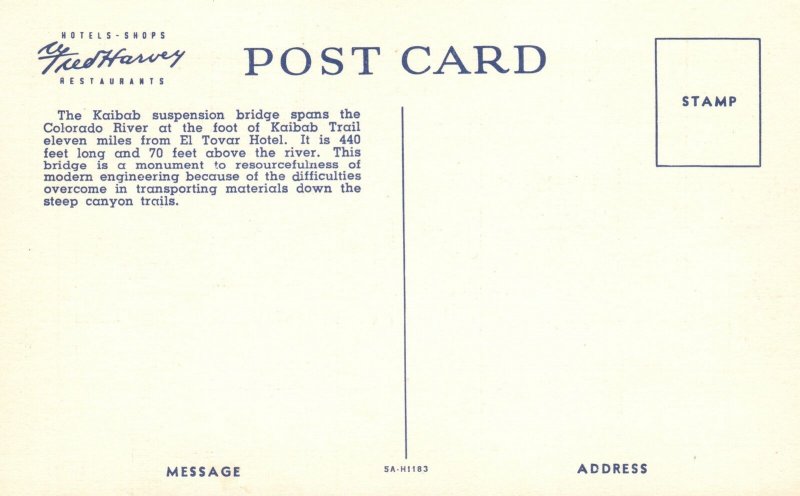 Vintage Postcard 1930's Kaibab Bridge Colorado River Grand Canyon Nat'l ...