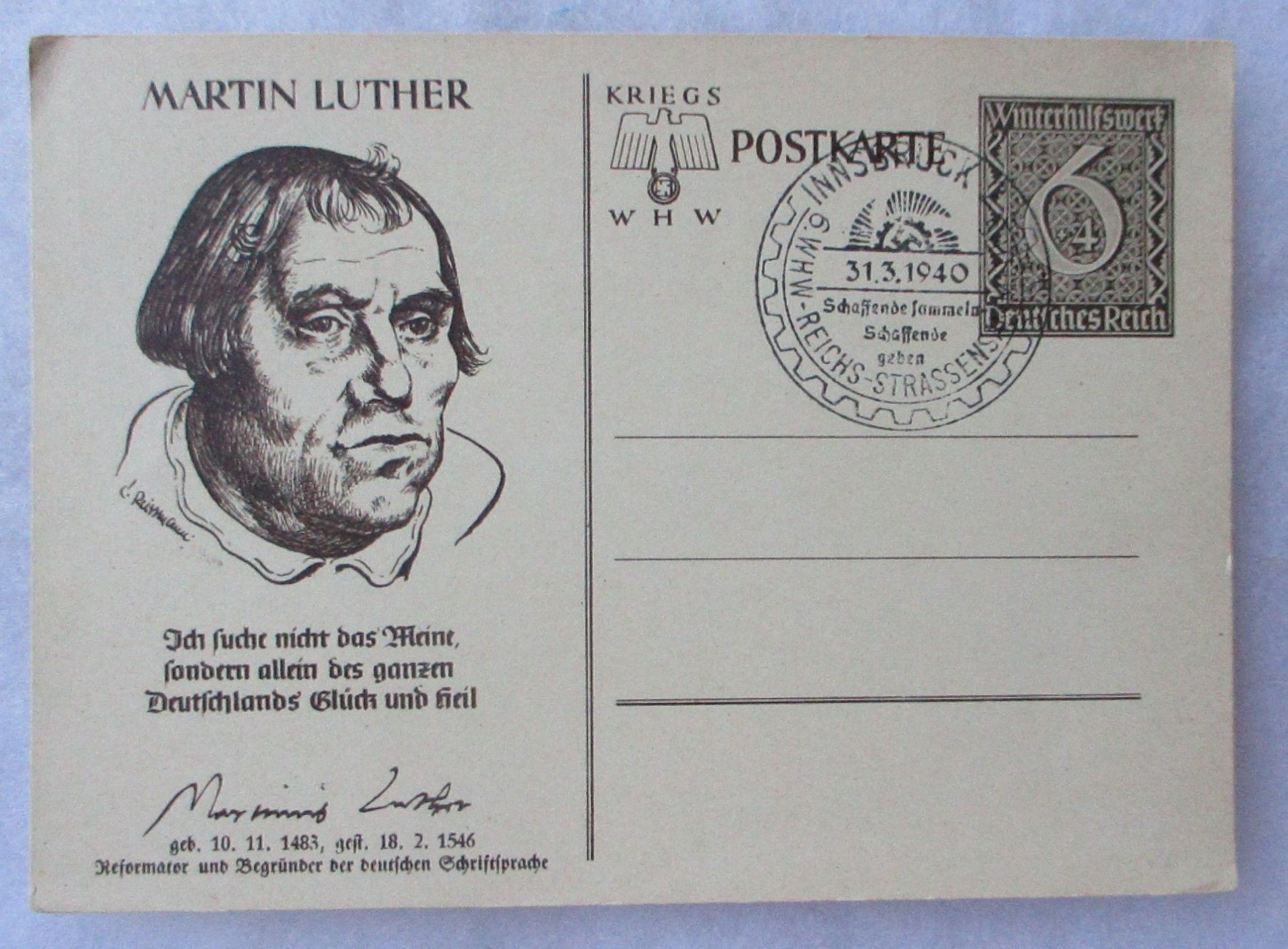 Original WW2 1940 Postmarked GERMAN MARTIN LUTHER KRIEGS WHW Relief ...