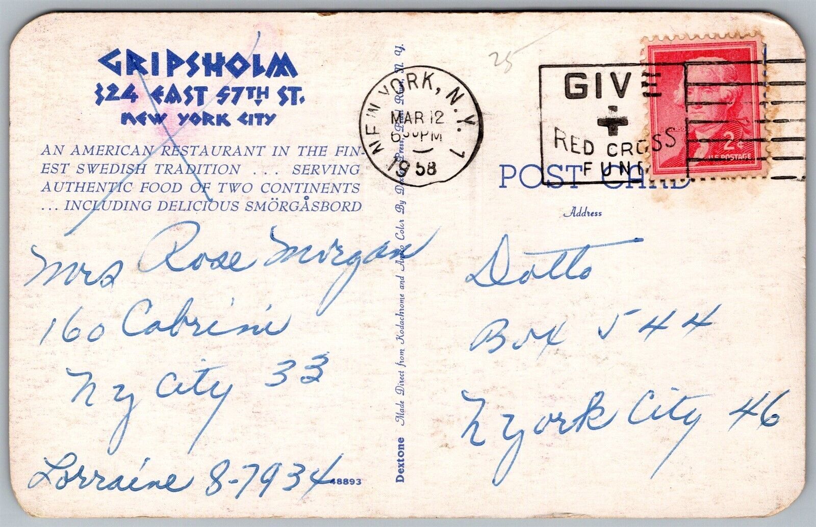 Vtg New York City NY Gripsholm Swedish Restaurant Dining Room 1950s ...