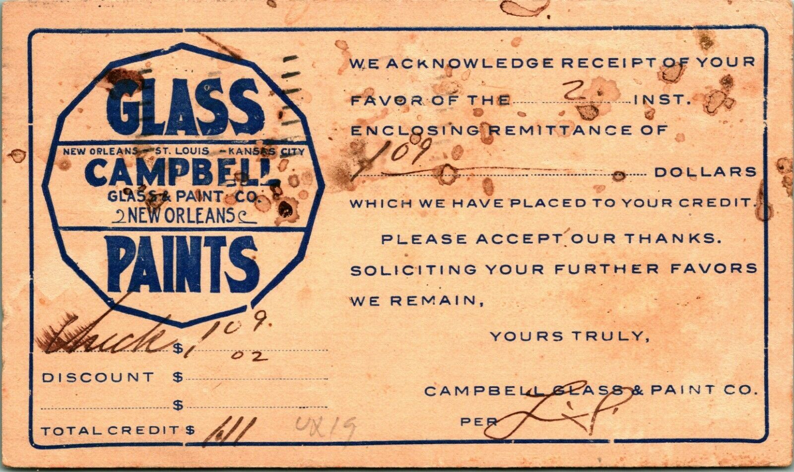 Postal Card Receipt Campbell Glass and Paint Company New Orleans ...