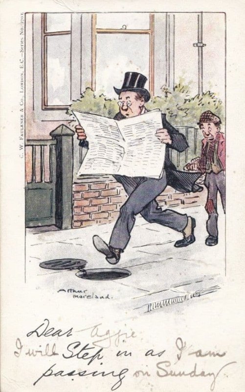 Man Falling into Manhole Reading Newspaper Antique Comic Humour ...