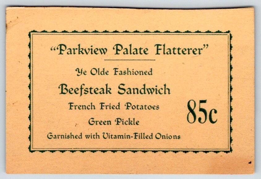 Vintage Menu Card Parkview Palate Beefsteak Sandwich French Fried ...