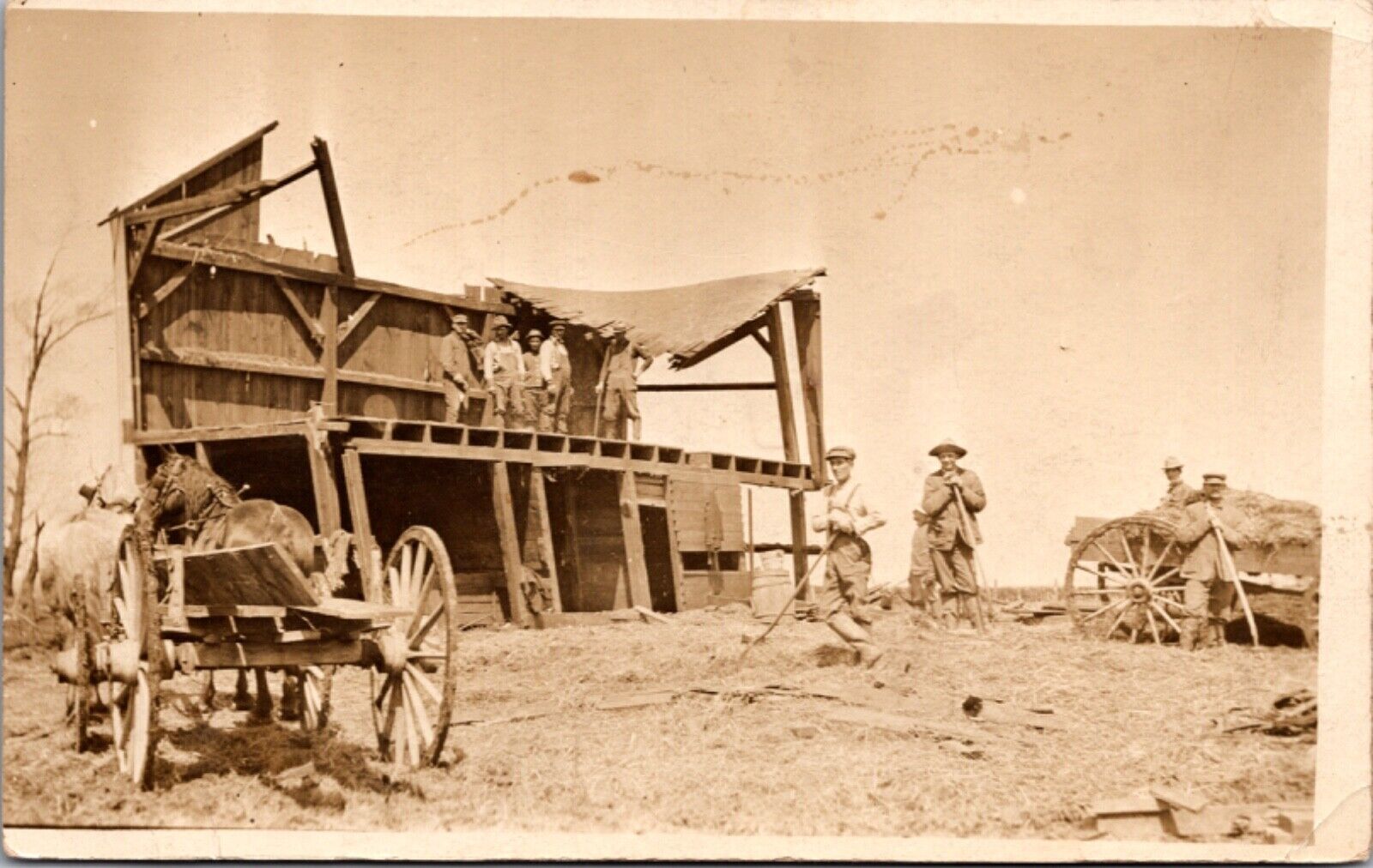 Real Photo Postcard Men Farming Broken Down Damaged Barn Hay Horse ...