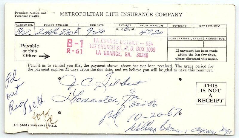 1967 LA Grange GA Metropolitan Life Insurance Company Premium Notice ...