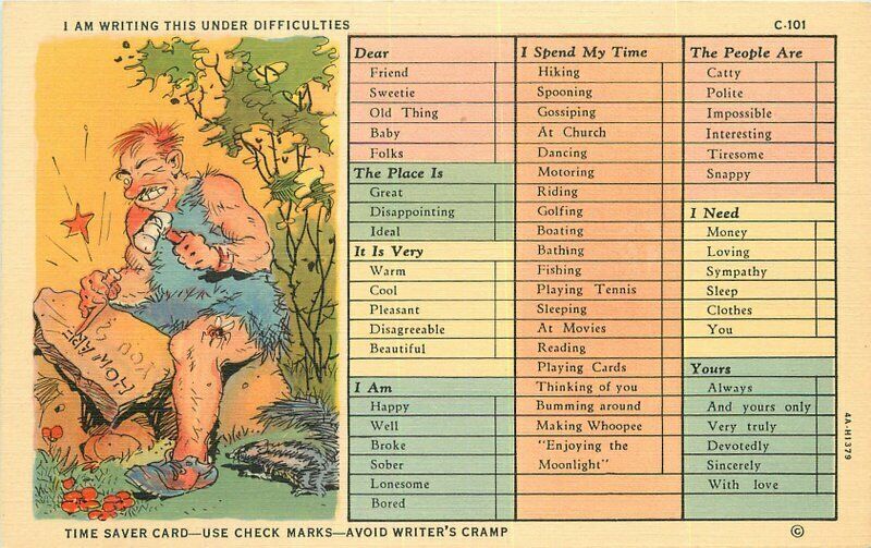 Walters busy person checklist caveman comic humor Teich 1940s Postcard ...