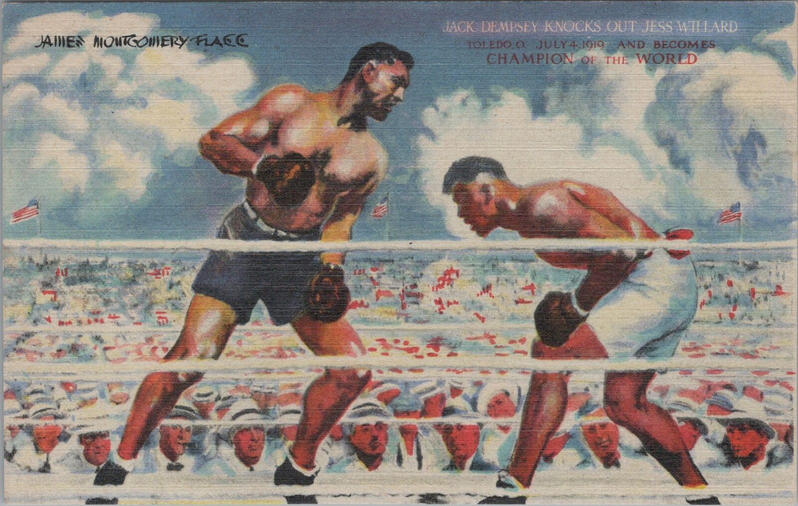 Postcard Boxing Jack Dempsey Knockout Jess Willard James Montgomery ...