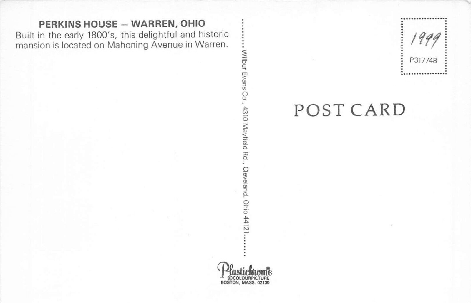 Warren Ohio 1980s Postcard Perkins House Historic Mansion | United ...