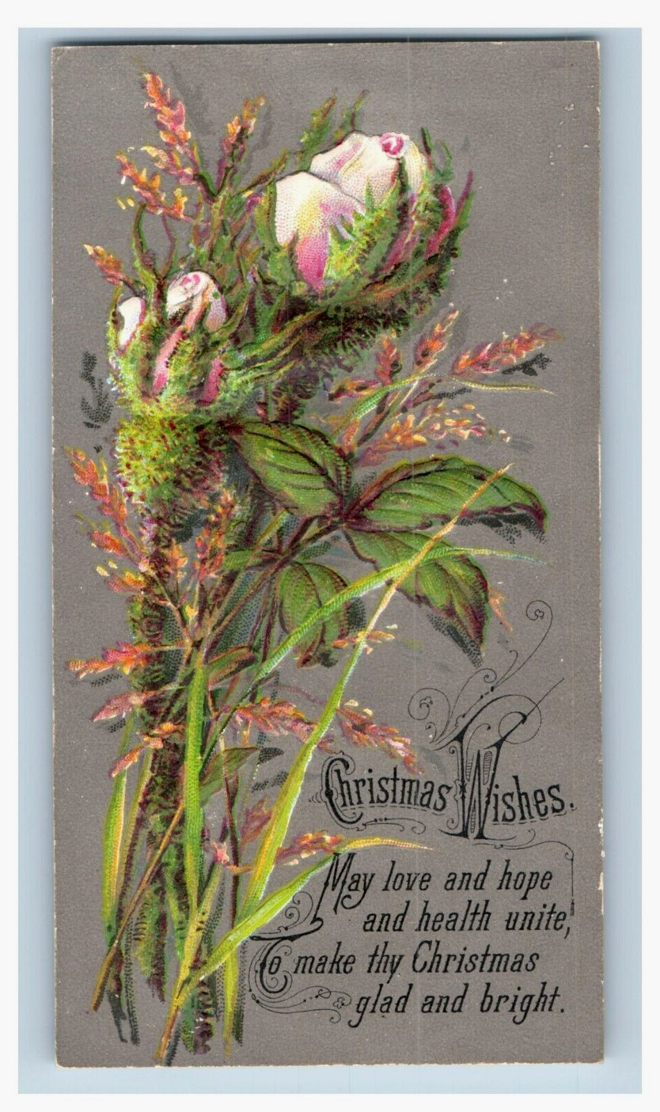 1880s Embossed Victorian Christmas Card Cabbage Rose Poem F116 ...