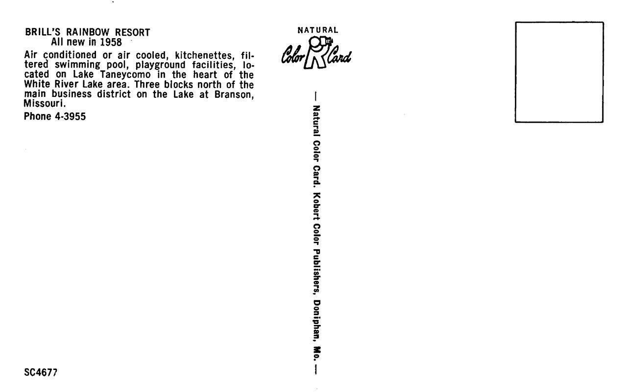 Branson, MO Missouri BRILL'S RAINBOW RESORT Roadside Motel ca1960's ...