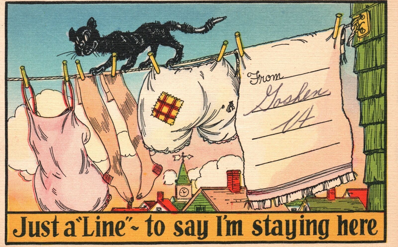 Vintage Postcard 1930's Black Cat Walking on Cloth Line I'm Staying ...