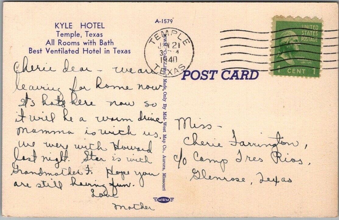 Vintage 1940 TEMPLE, Texas Postcard KYLE HOTEL "All Rooms With Bath ...