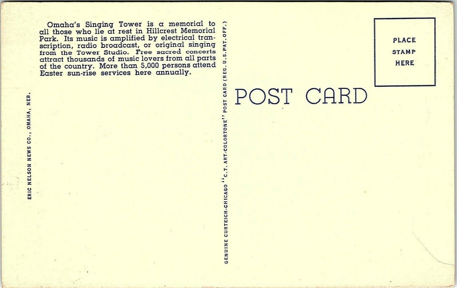 1940s Omaha Nebraska Singing Tower Hillcrest Memorial Park Linen ...