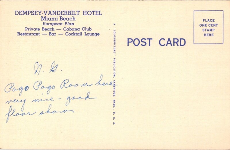 Linen Postcard Dempsey Vanderbilt Hotel and Cabana Club Miami Beach ...