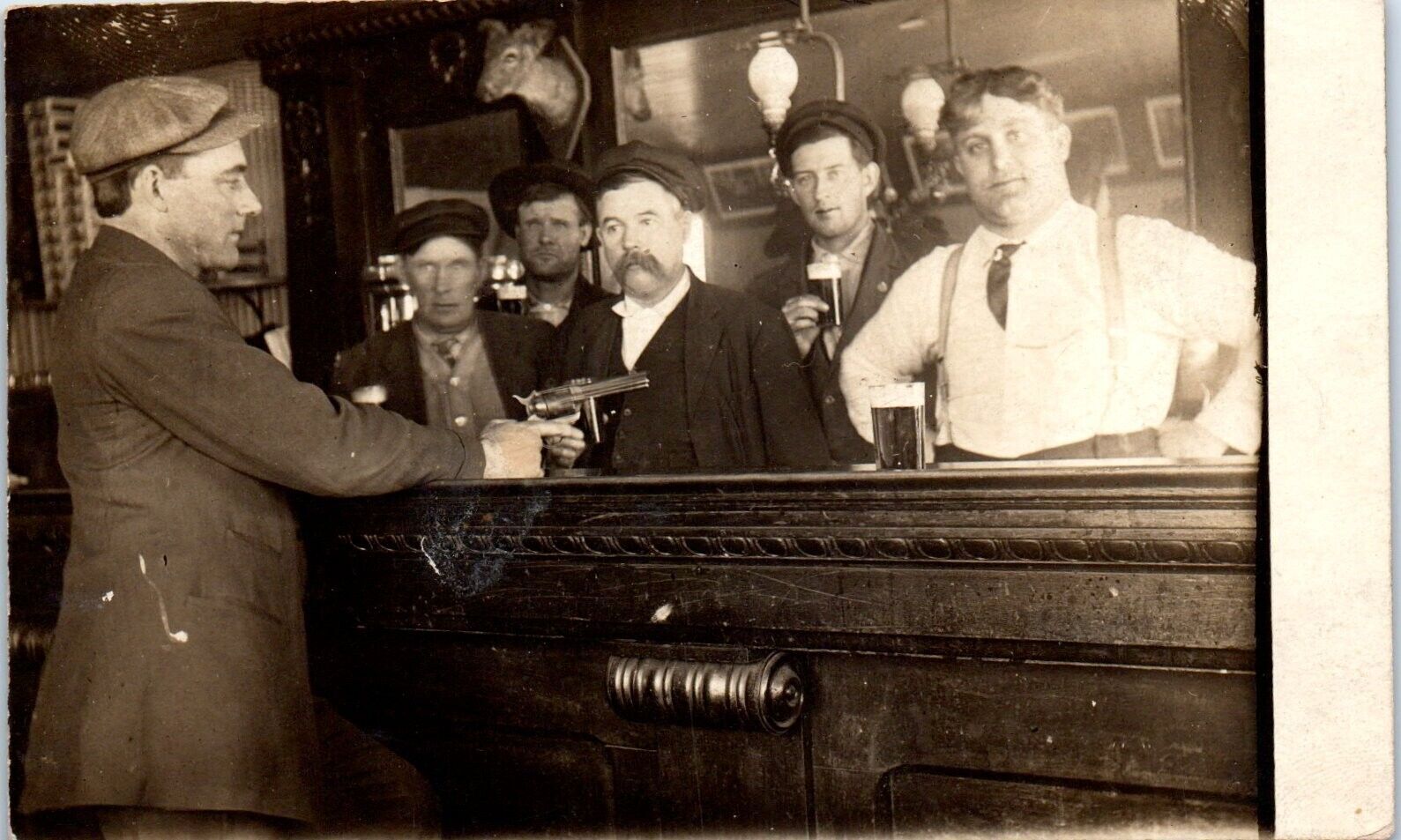1910s Group Of Men In Bar Pointing a Gun Mobster RPPC Real Photo ...