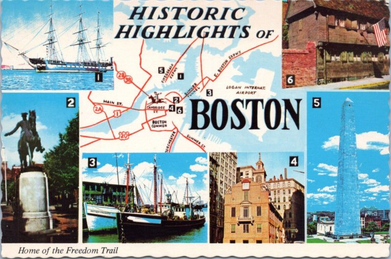 Postcard Map Massachusetts - Historic Highlights of Boston - map and ...