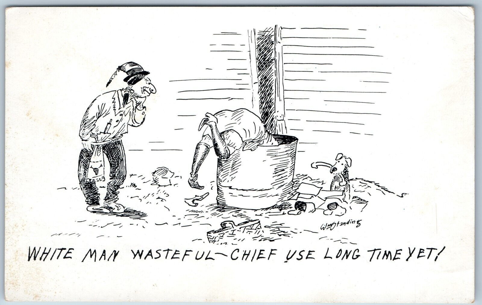 c1910s Western Art Postcard Native American Comic Humor Trash Can Waste ...