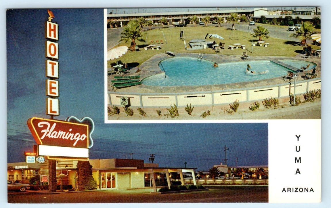 2 Postcards YUMA, Arizona AZ ~ Night/Day FLAMINGO HOTEL Roadside ca ...