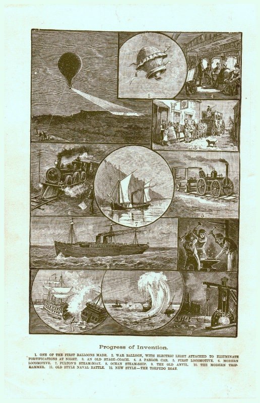 Antique 1885 Print Progess of Invention Ships Brief History The United ...