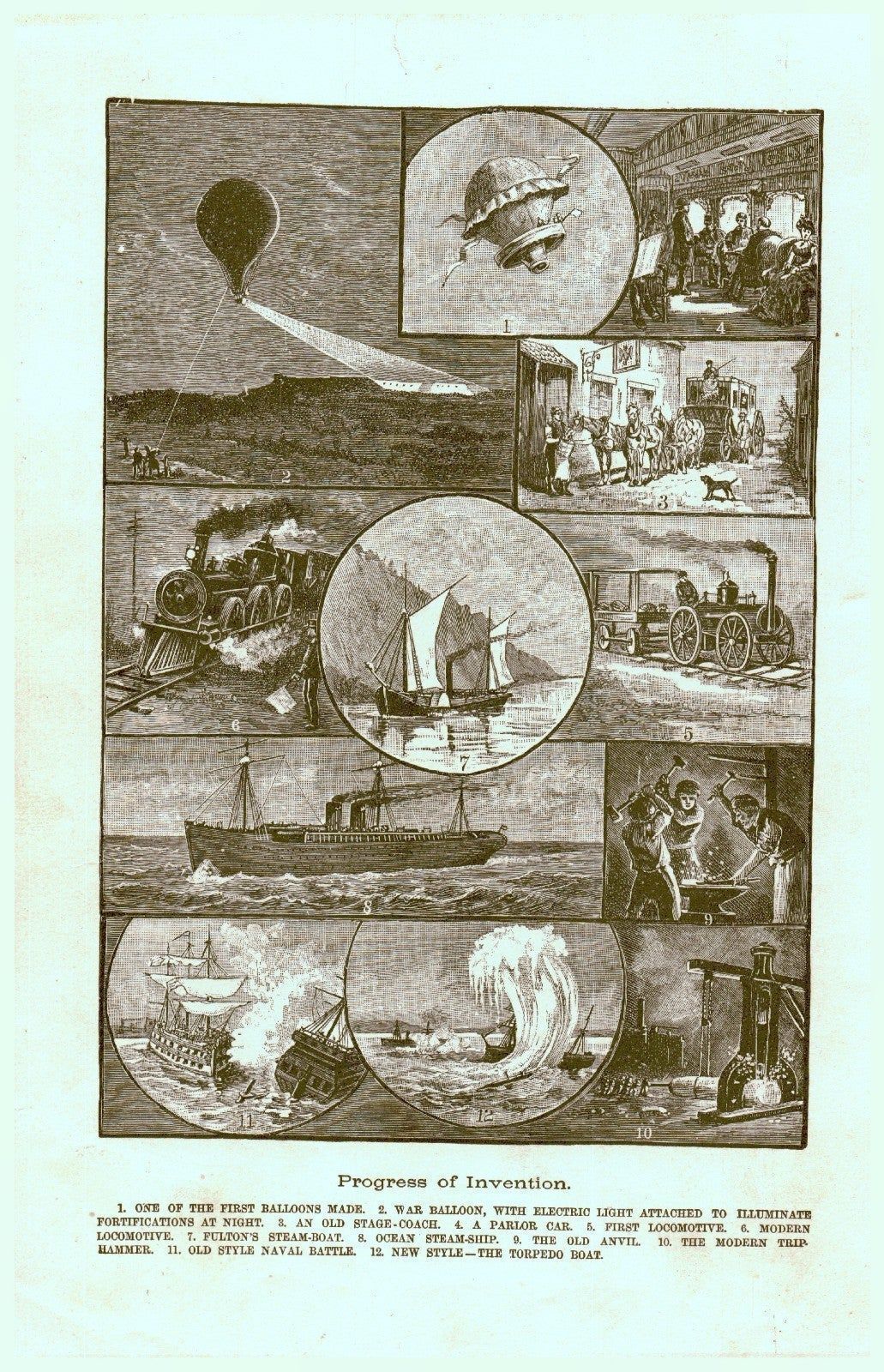 Antique 1885 Print Progess of Invention Ships Brief History The United ...