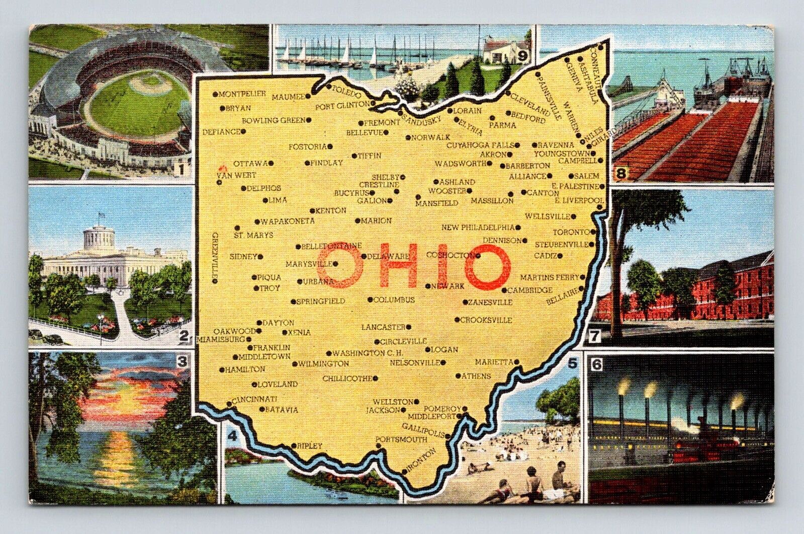 Ohio OH State Map Multiview Municipal Stadium Postcard UNP EC Kropp WOB ...