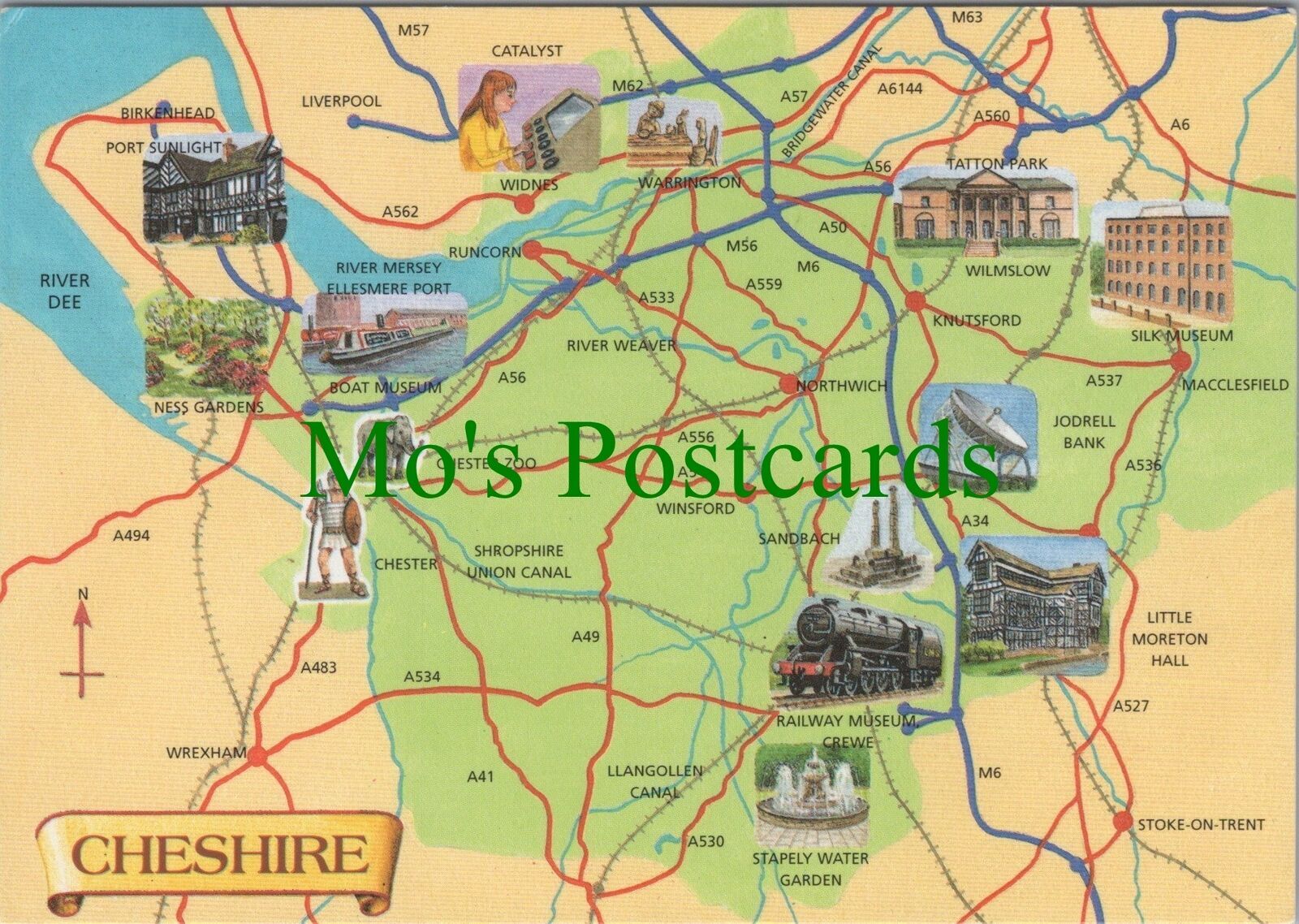 Maps Postcard - Map of Cheshire Showing Road Networks RR19032 | Europe ...