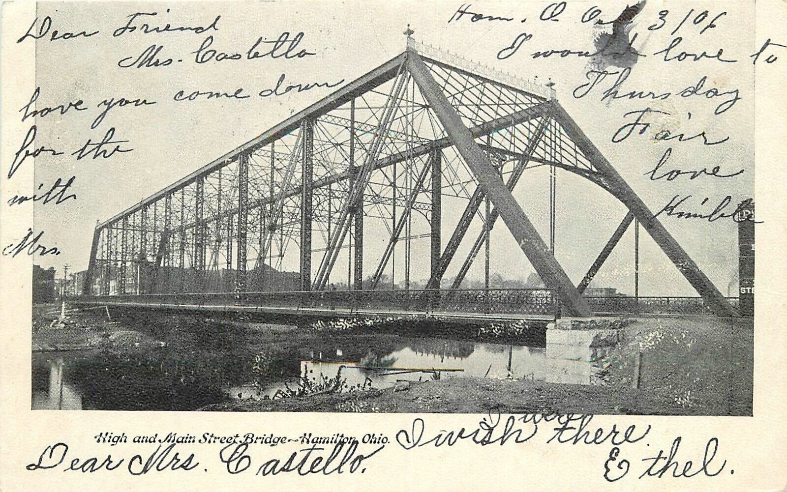 Postcard 1906 Ohio Hamilton High Main Street Bridge undivided 22-14209 ...