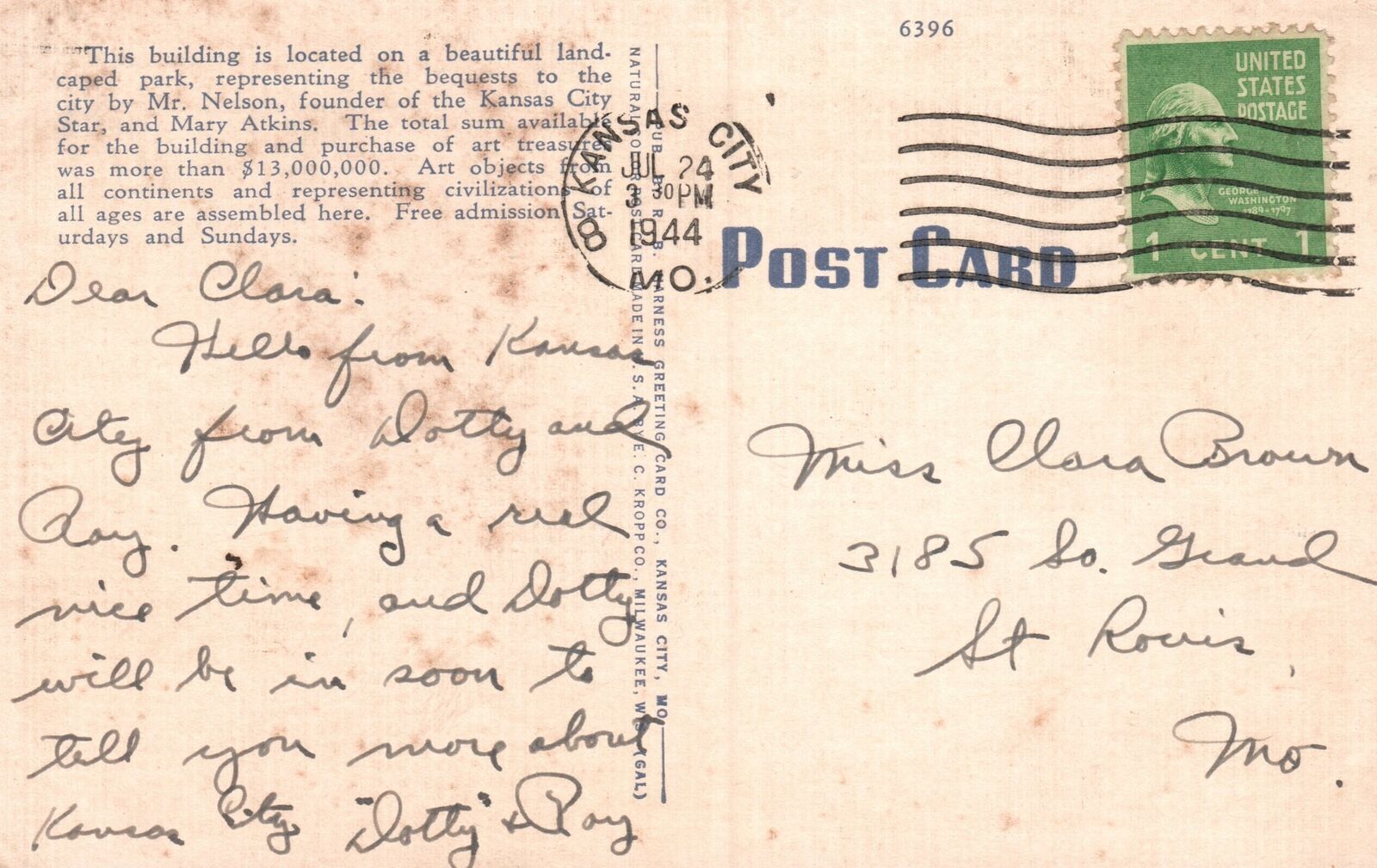 Vintage Postcard 1944 William Rockhill Nelson Gallery Art Kansas City ...