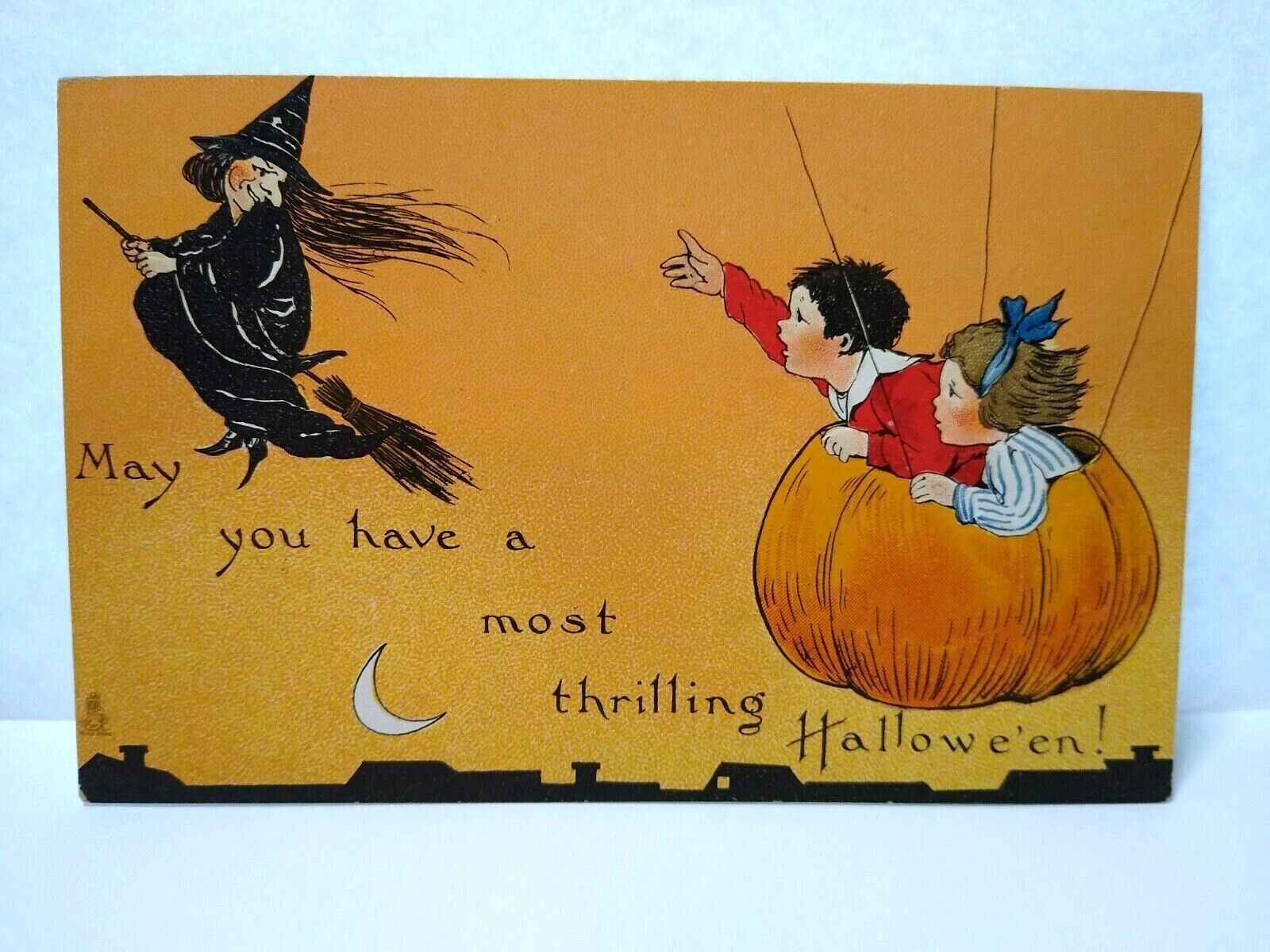 Halloween Postcard Tuck Witch Children In Aircraft JOL Fantasy Series ...