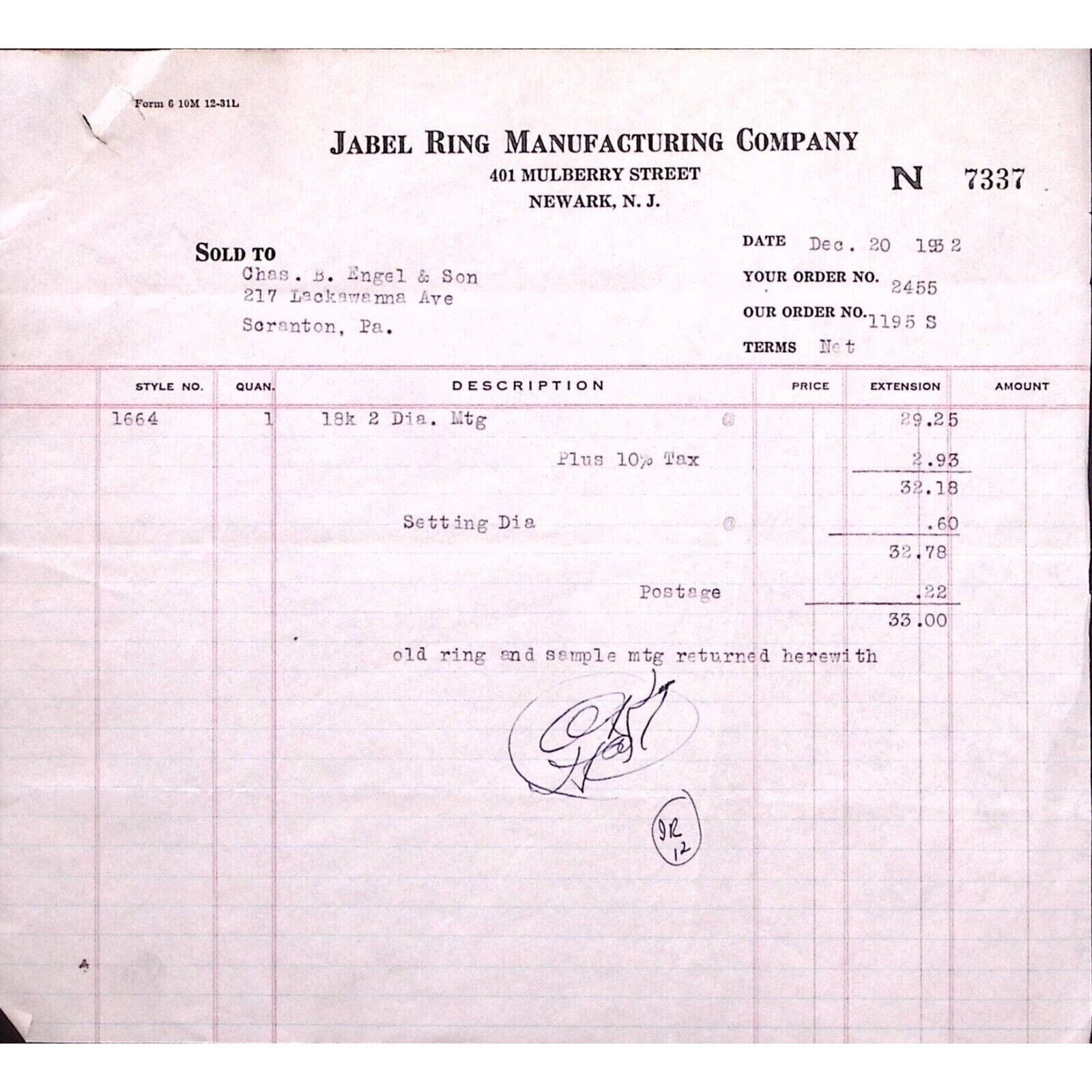1932 Newark New Jersey Jabel Ring Manufacturing Company Billhead ...