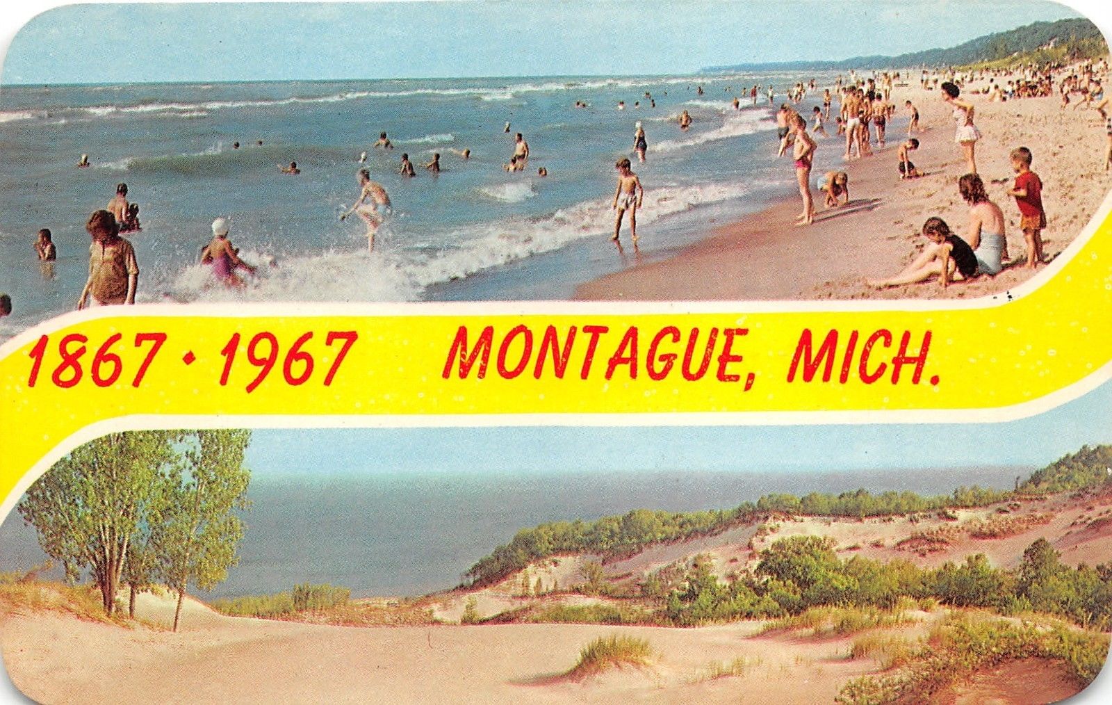 Montague Michigan~2 Beach Scenes~Sunbathers~Playing in Surf~Sand Dunes ...
