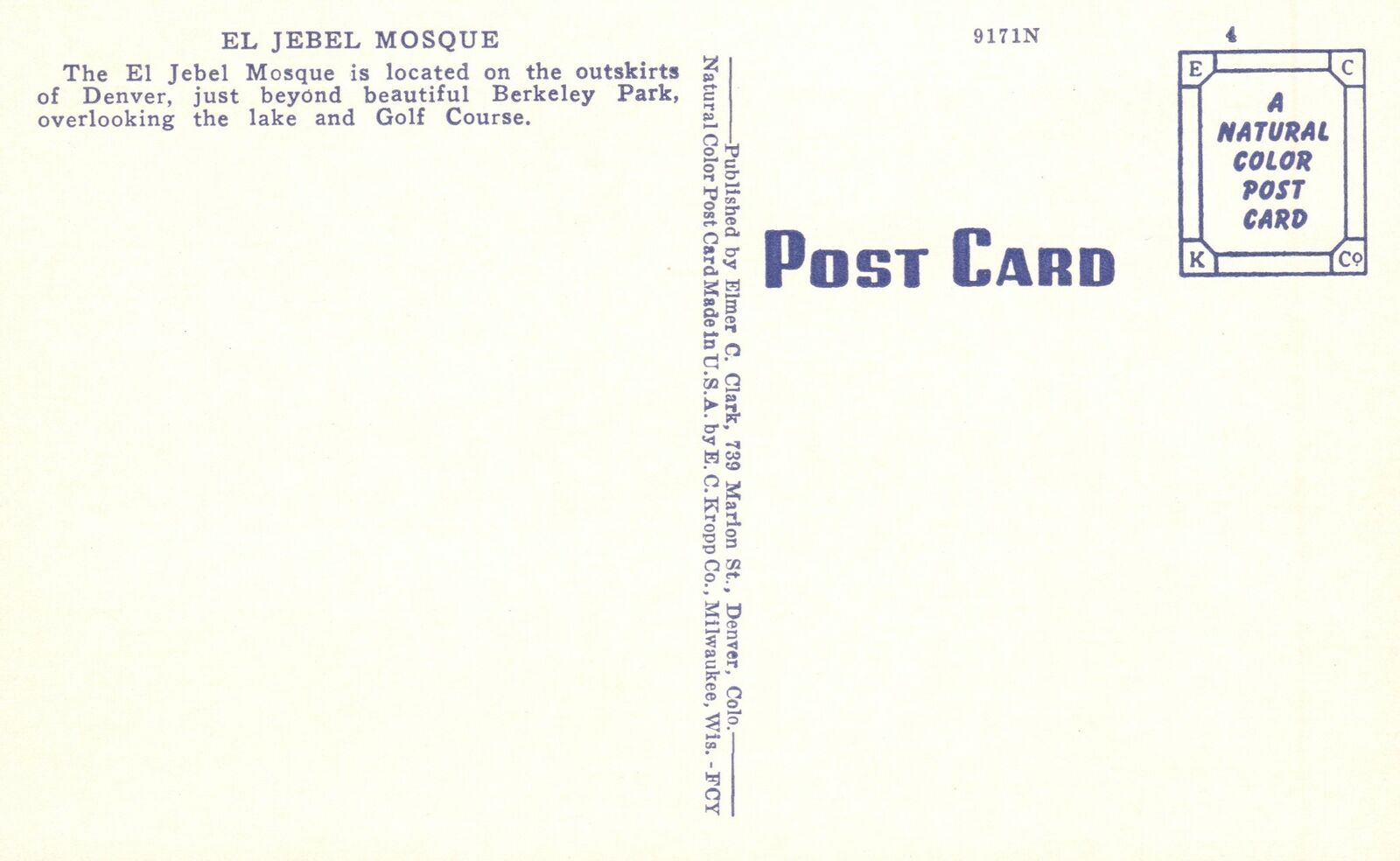 Vintage Postcard 1930's El Jebel Mosque Outskirts Denver Colorado CO ...