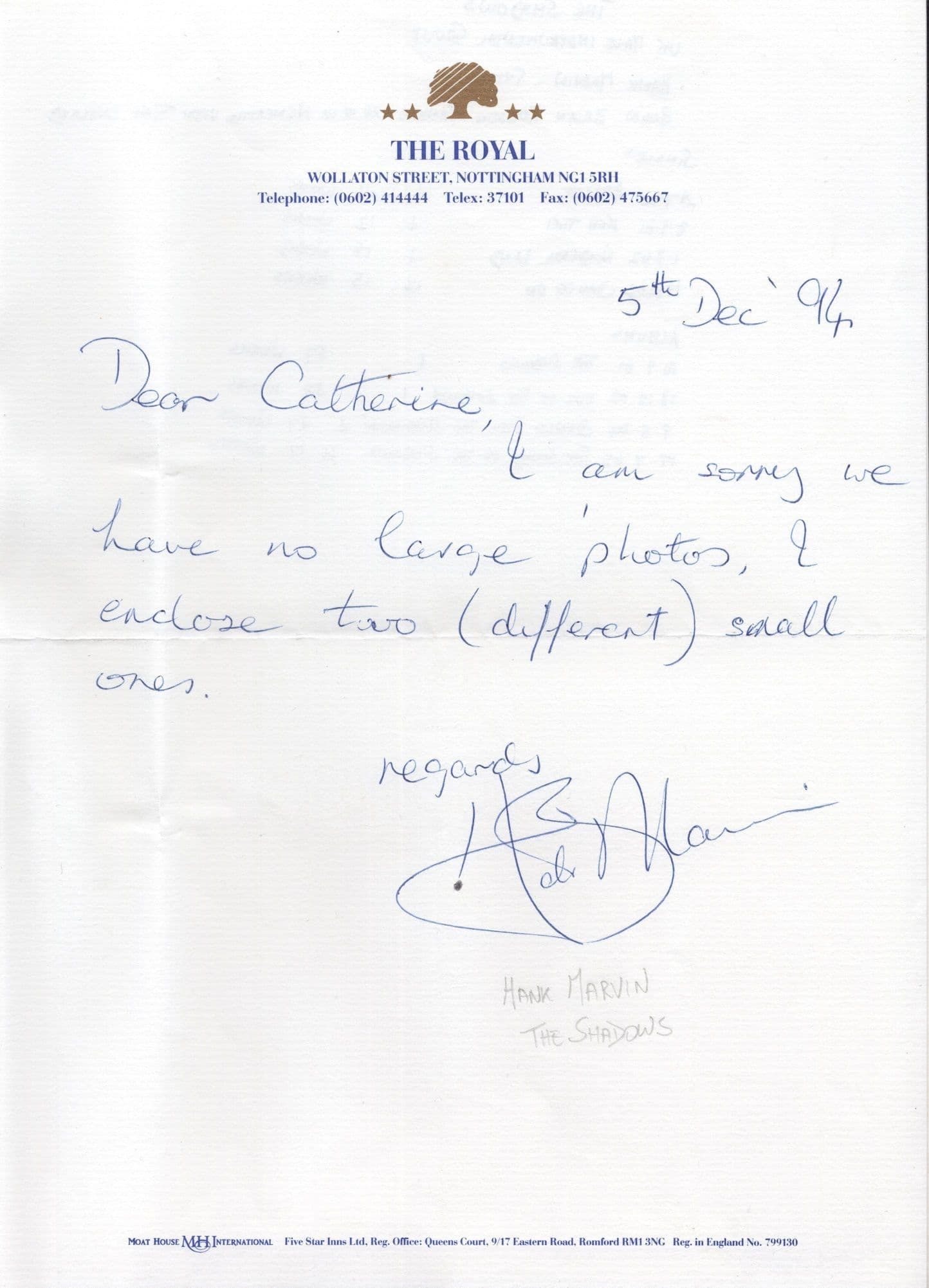 Hank Marvin The Shadows Fully Hand Written & Signed 1994 Letter ...