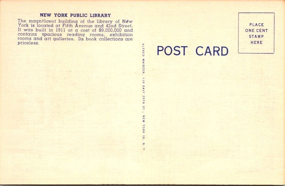 Vintage New York City Postcard - Public Library - 42nd Street ...