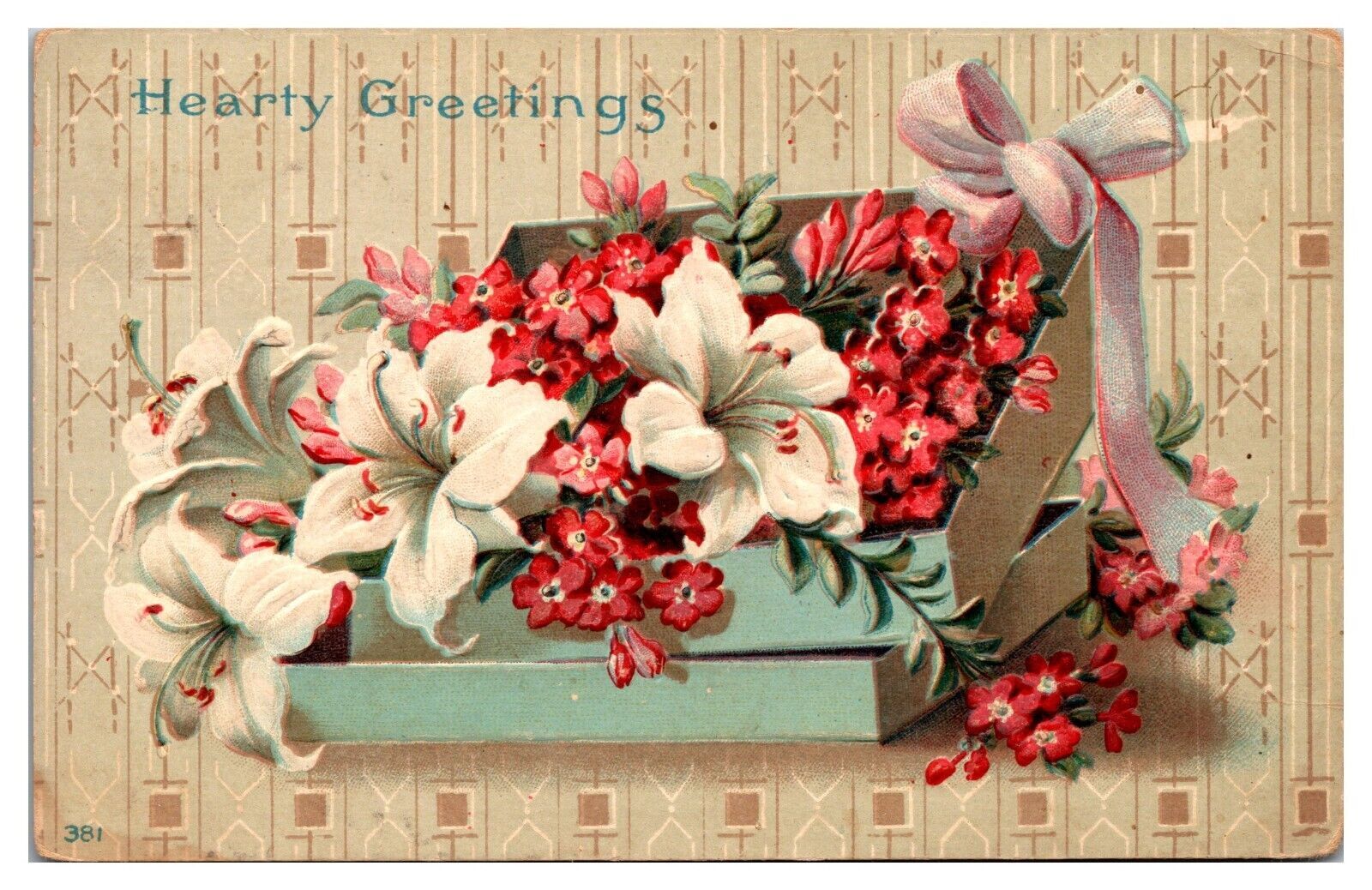 1911 Hearty Greetings, Box of Flowers, Floral, Embossed, Greetings ...