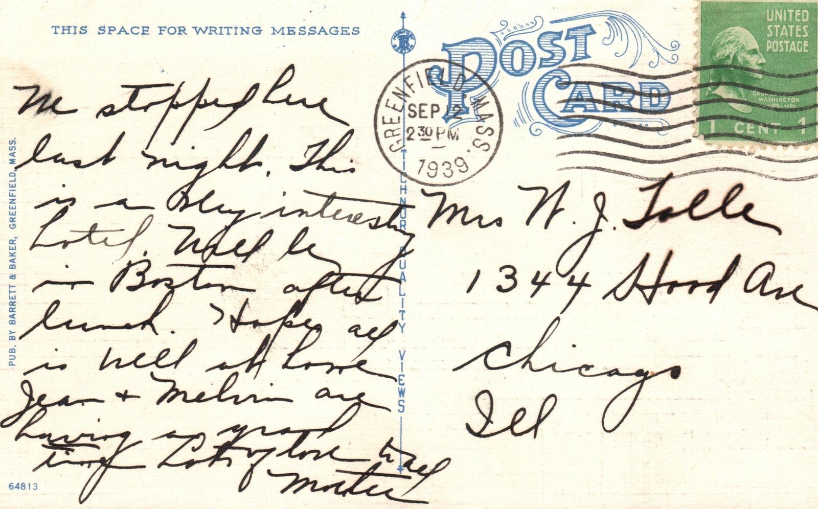 Vintage Postcard 1939 Weldon Hotel Greenfield Massachusetts Barret And ...