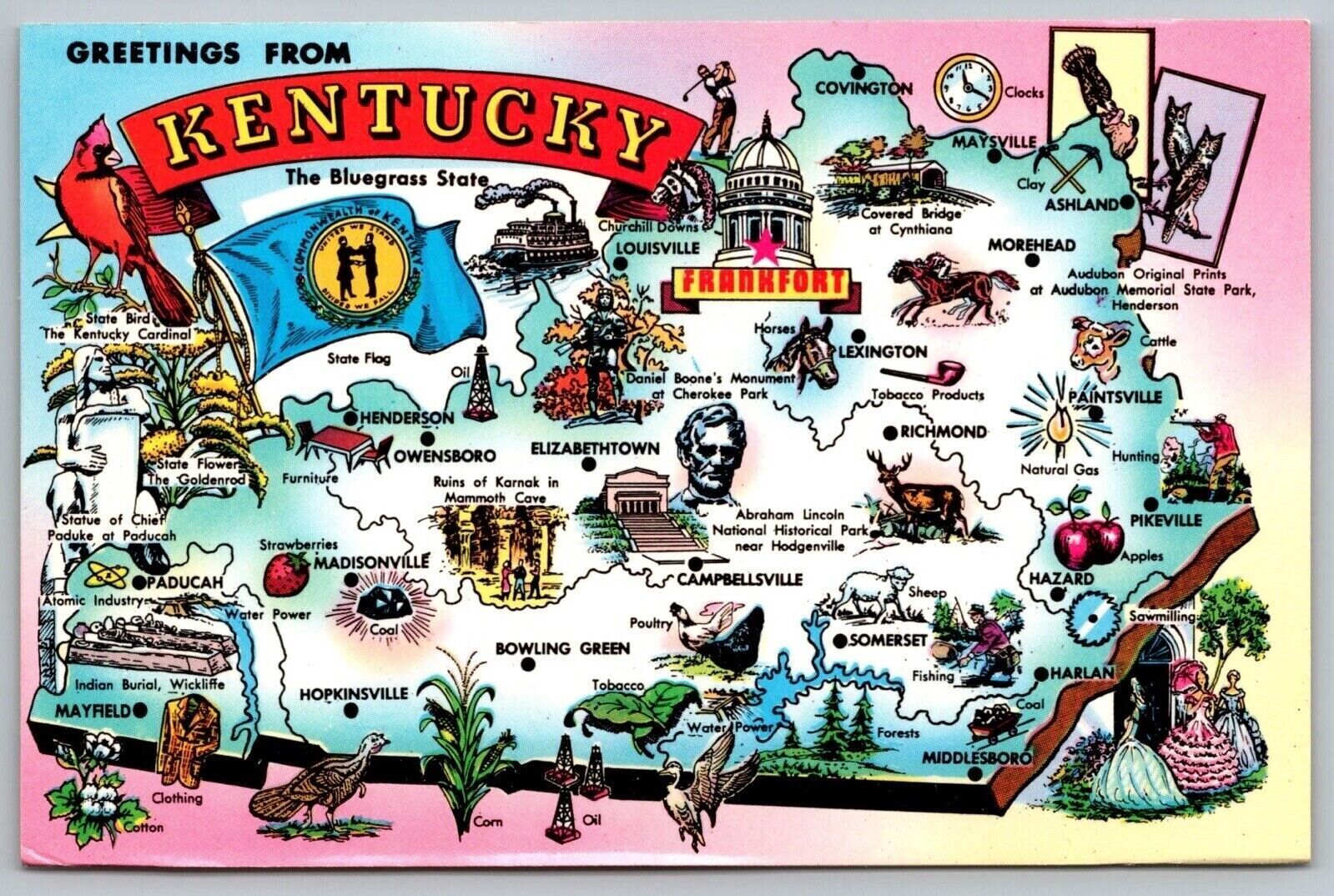 Greetings Kentucky Bluegrass State Map Cities Roadways Chrome Postcard ...