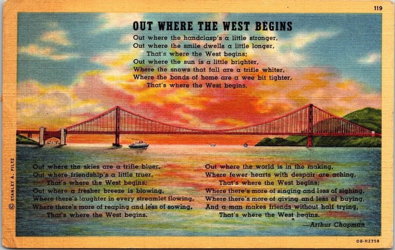 Golden Gate Bridge Poem Sunset San Francisco CA Linen Postcard PM Clean ...