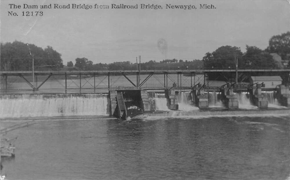 Newaygo Michigan Dam and Road Bridge from Railroad Bridge Real Photo PC ...