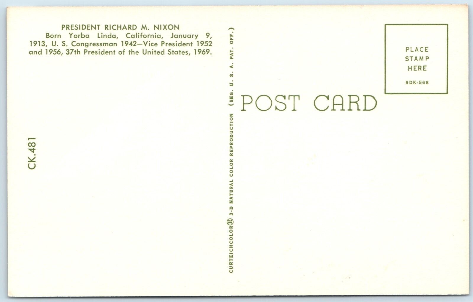 1969 President Richard Nixon Portrait Born History Info Jan. 9th, 1913 ...