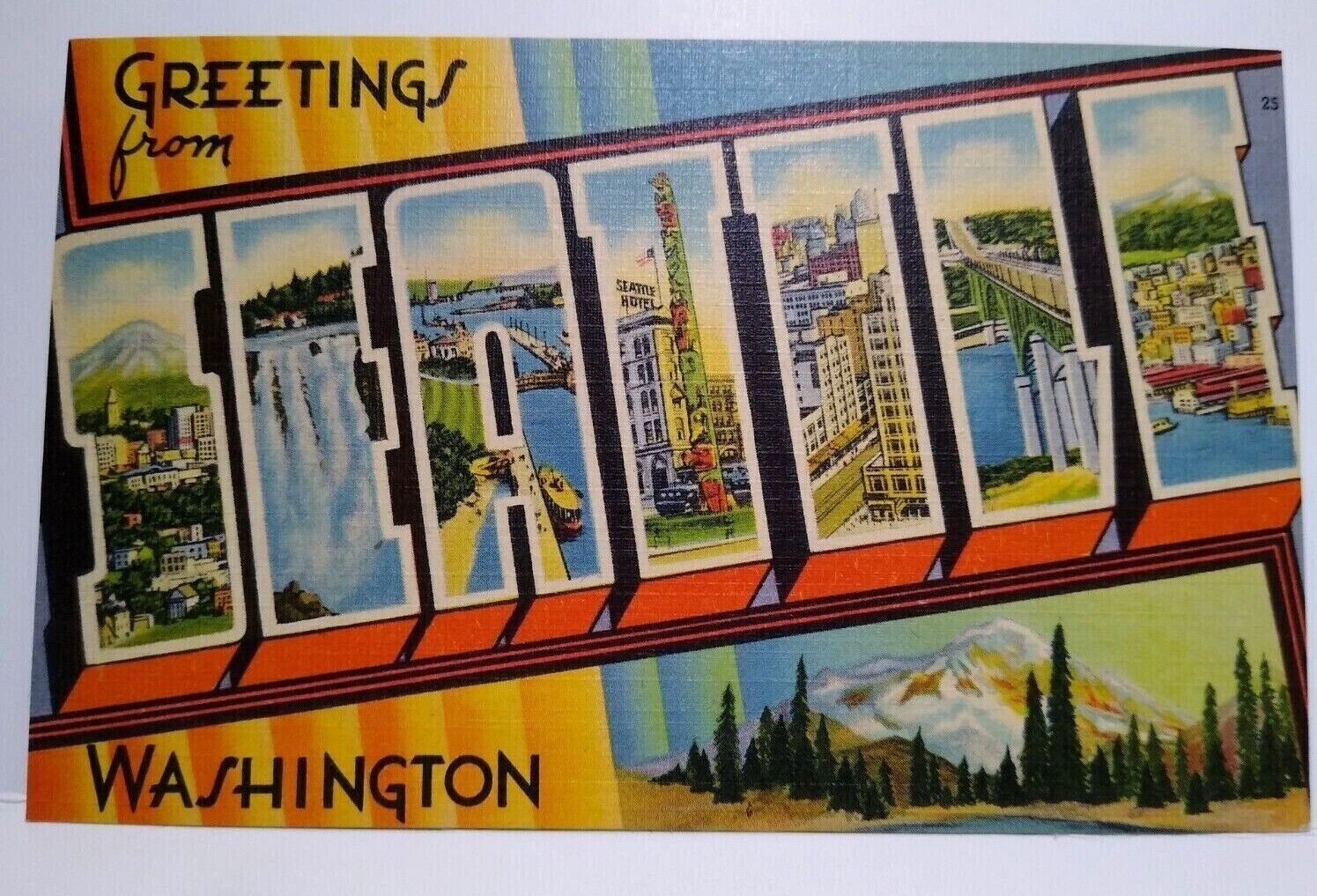 Greetings From Seattle Washington Large Letter Linen Postcard Unused ...