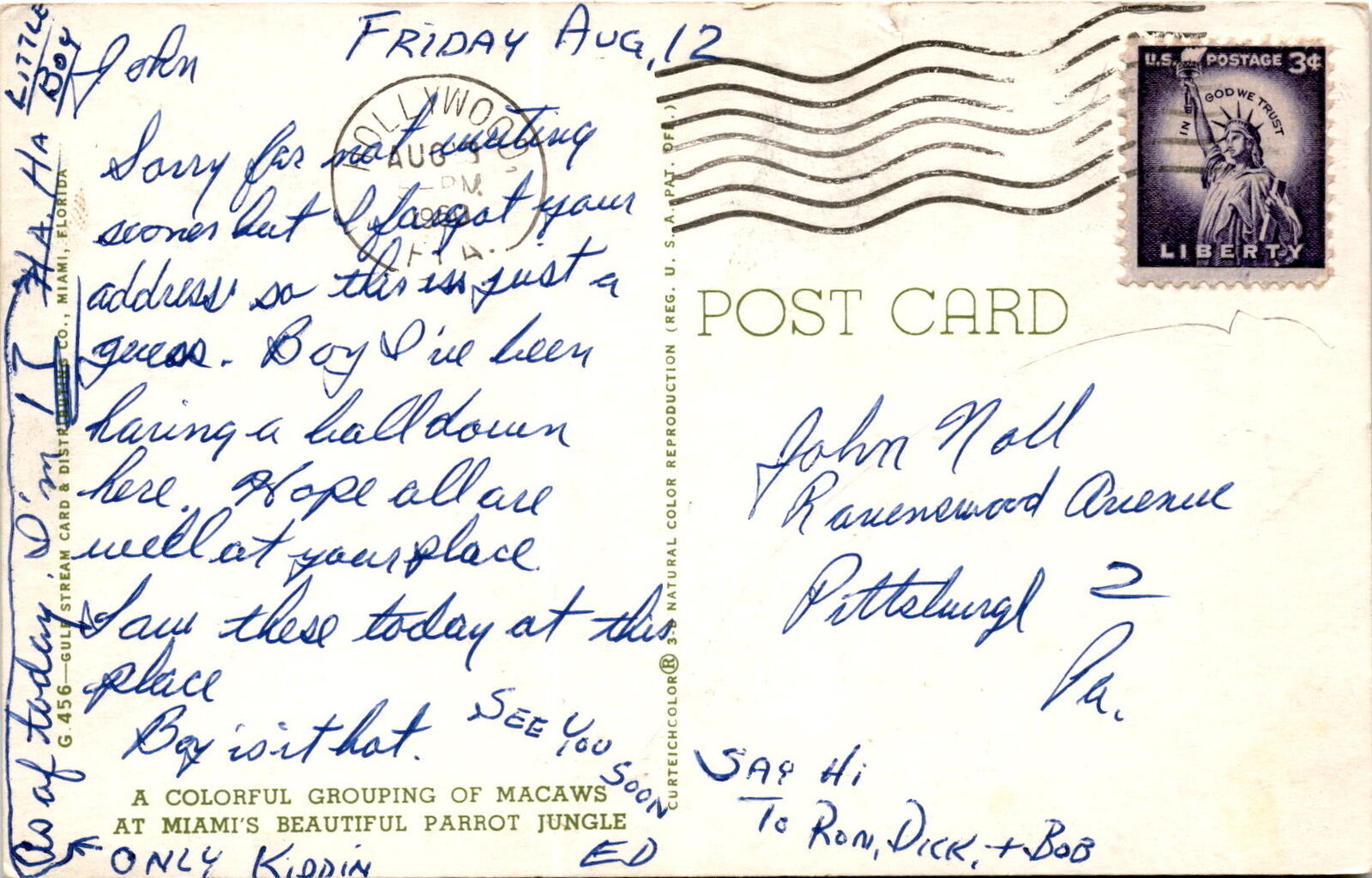 Miami, Parrot Jungle, Ed Buchanan, John Noll, 1960, August 12 Postcard ...